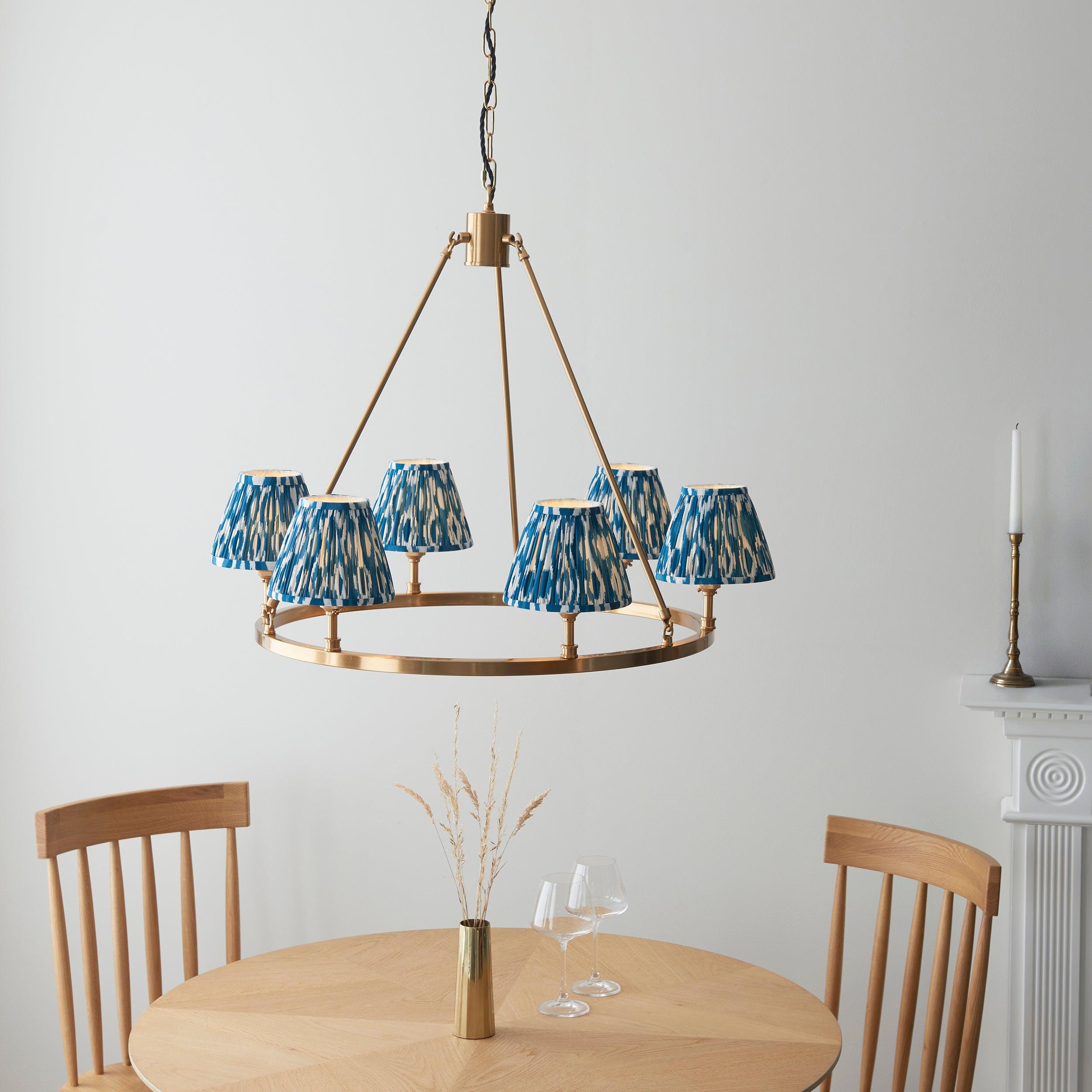 Buy Chester Large Brass Ceiling Pendant Light With Blue Ikat 16cm Shades