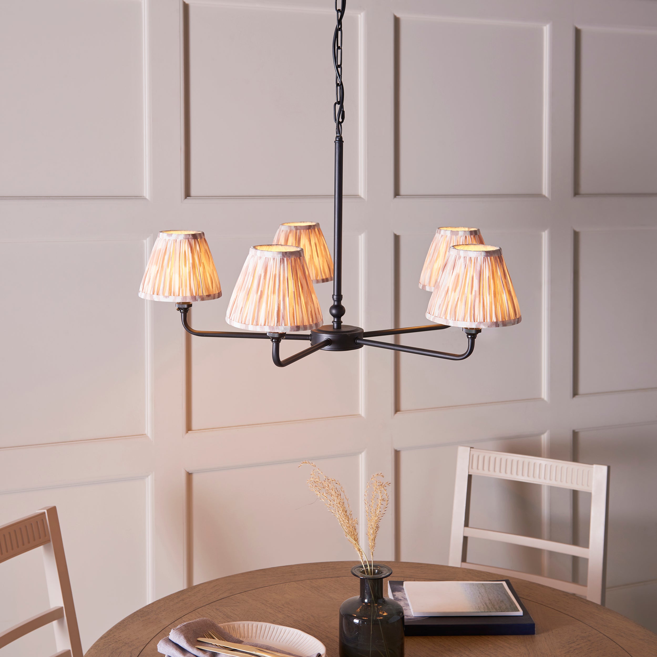Buy Lille Black 5 Light Pendant & Neutral Ikat 16cm Shades